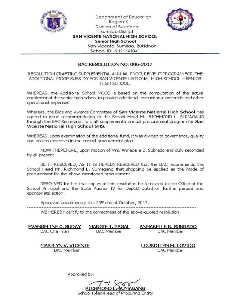 BAC Resolution San Vicente Shs Addtional Mooe 2017 | Procurement ...