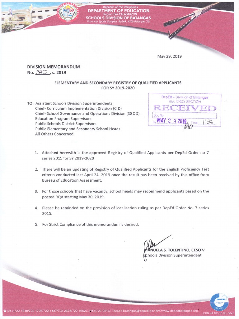 Division-Memorandum s2019 340 | PDF