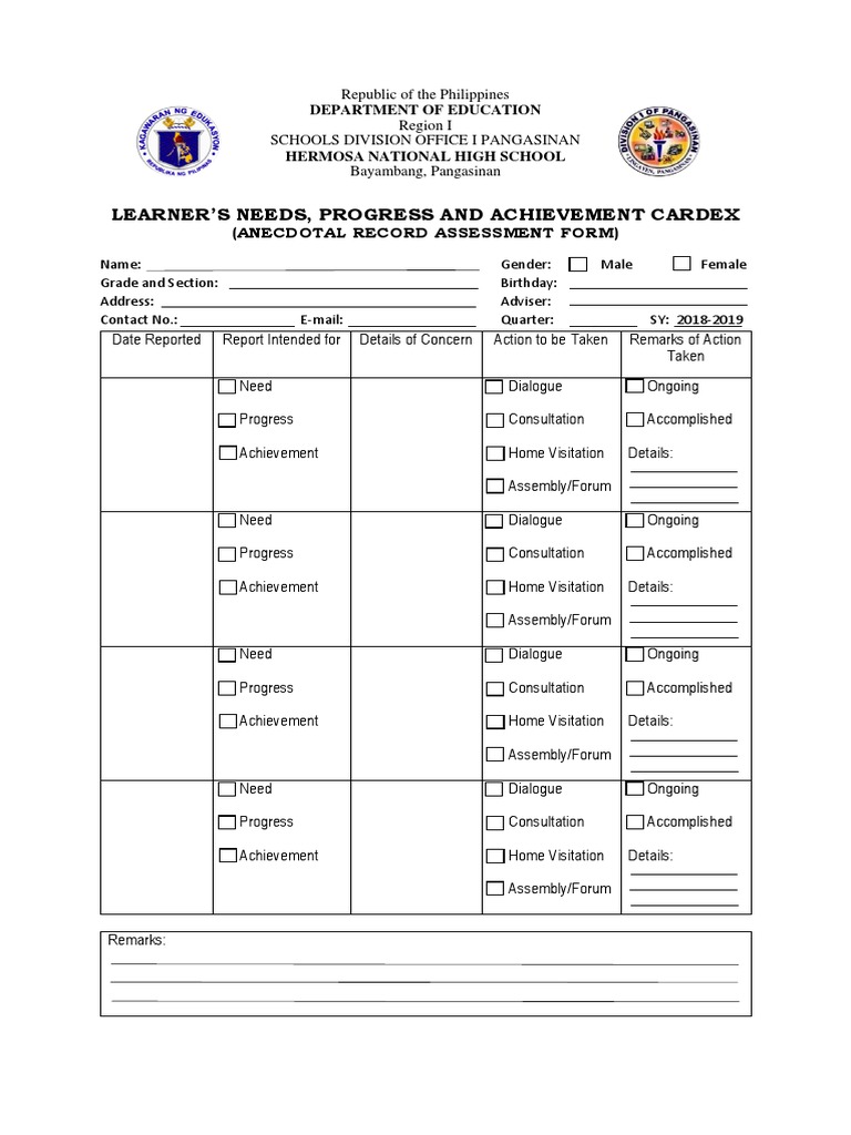 Learner'S Needs, Progress and Achievement Cardex: (Anecdotal Record ...