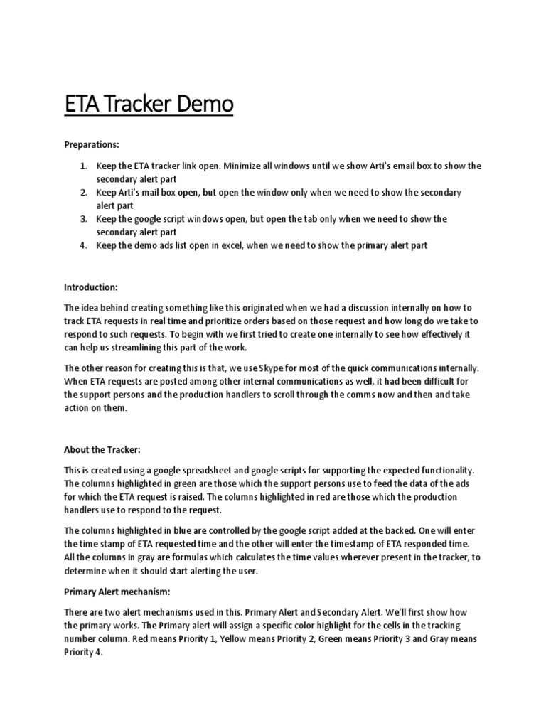 ETA Tracker Demo | PDF | Microsoft Excel | Color