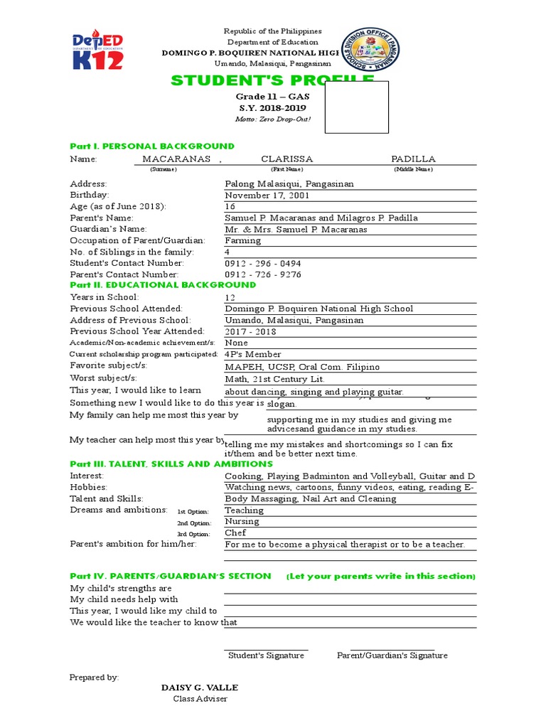 Student'S Profile: Part I. Personal Background | PDF | Teachers ...