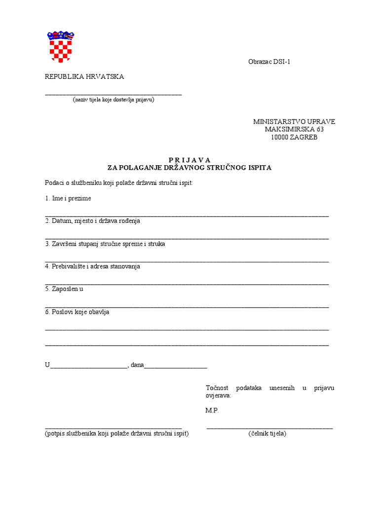 Obrazac Prijave Za Polaganje Dsi PDF | PDF