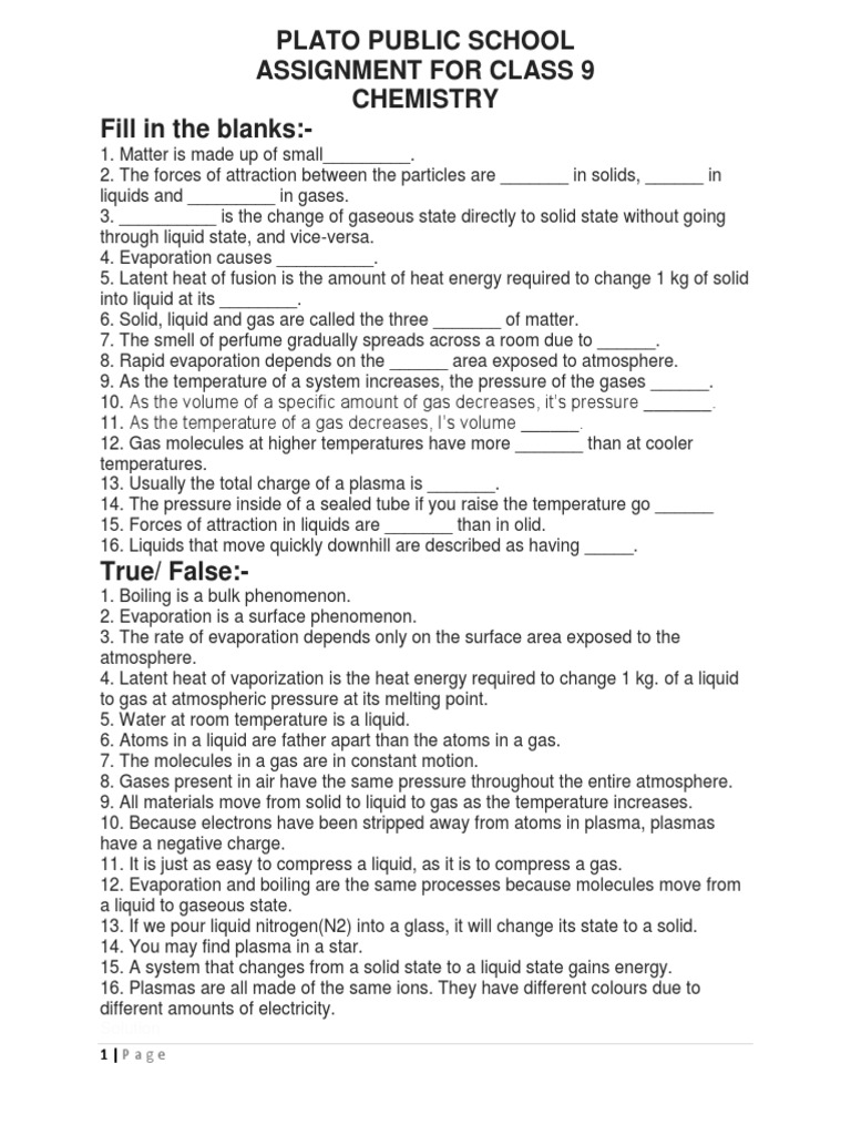 Assignment For Class 9 Chemistry | PDF | Liquids | Evaporation