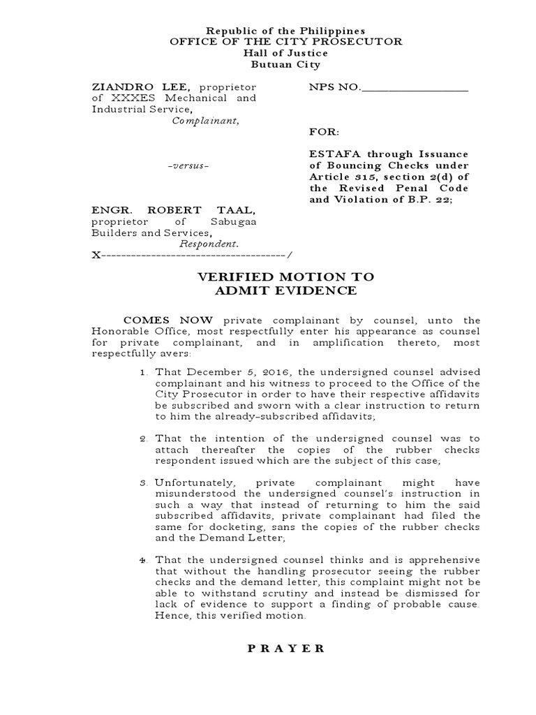 Verified Motion To Admit Evidence: Prayer | PDF | Virtue | Criminal Law