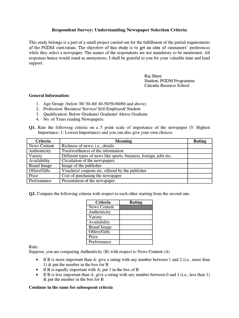 Respondent Survey: Understanding Newspaper Selection Criteria | PDF ...