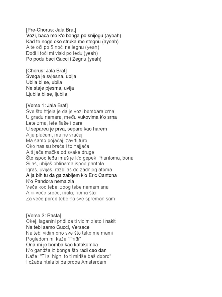 Jala Brat X Buba Corelli Feat Rasta-Benga Po Snijegu Tekst | PDF