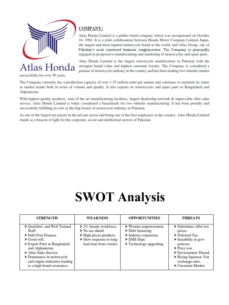 Atlas Honda SWOT Analysis | PDF | Pakistan | Brand