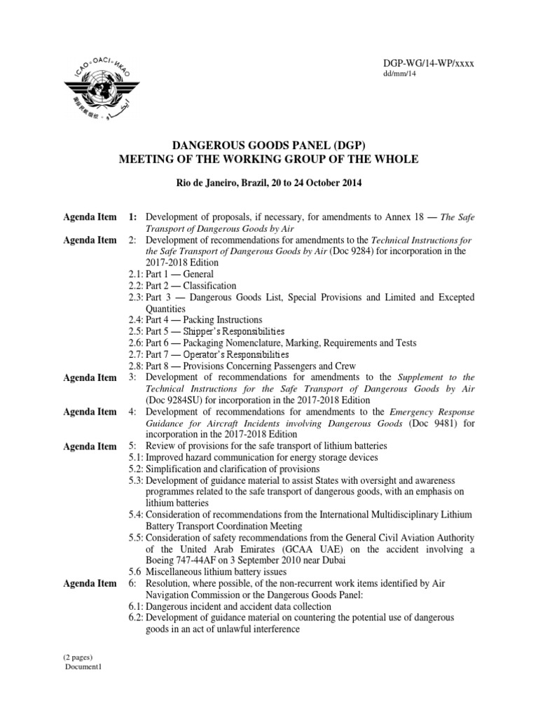 Dangerous Goods Panel (DGP) Meeting of The Working Group of The Whole ...