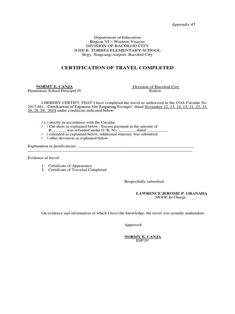 Certification of Travel Completed: Appendix 45 | PDF | Government ...