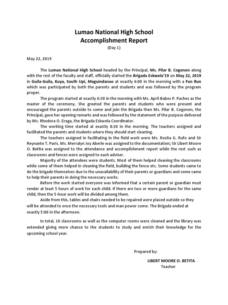 Lumao National High School Accomplishment Report: Libert Moore O ...