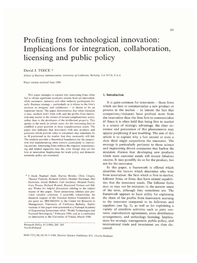 Teece - Profiting From Technological Innovation | PDF | Ct Scan ...