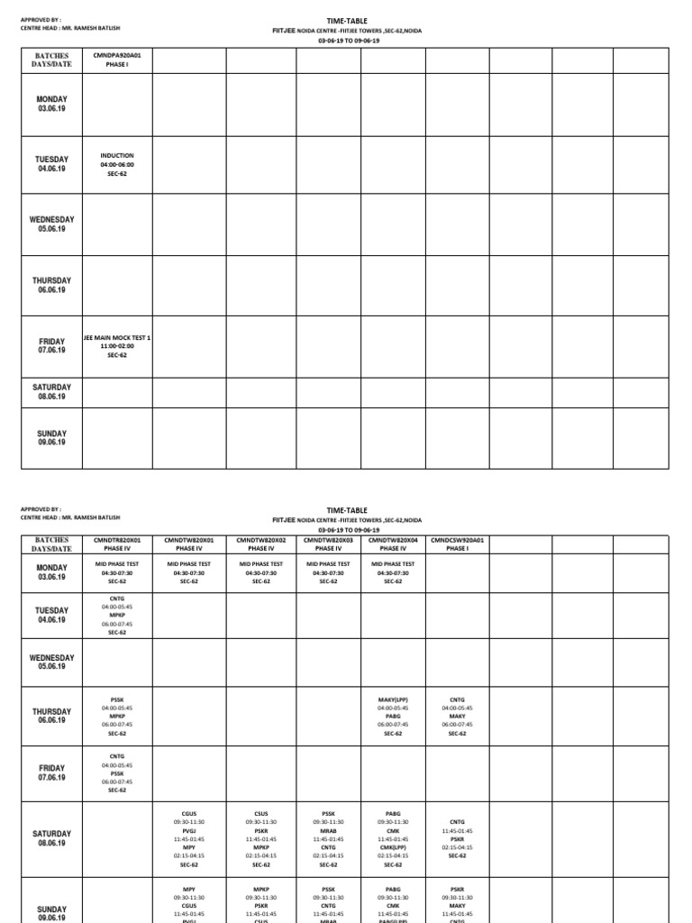 Click Here For Time Table of Fiitjee Tower, Sec-62, Noida | PDF