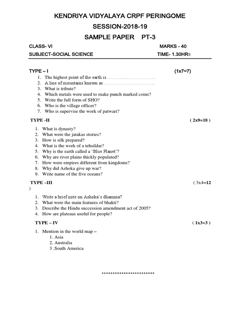 Kendriya Vidyalaya CRPF Peringome SESSION-2018-19 Sample Paper Pt-3 | PDF