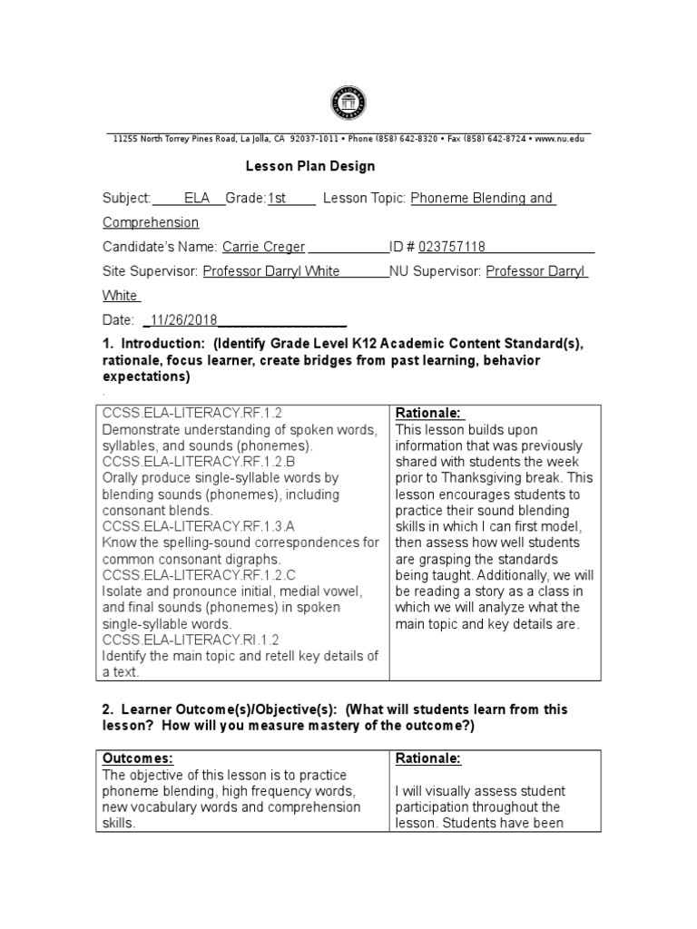 Formal Lesson Plan Ela First Grade | PDF | Reading Comprehension ...
