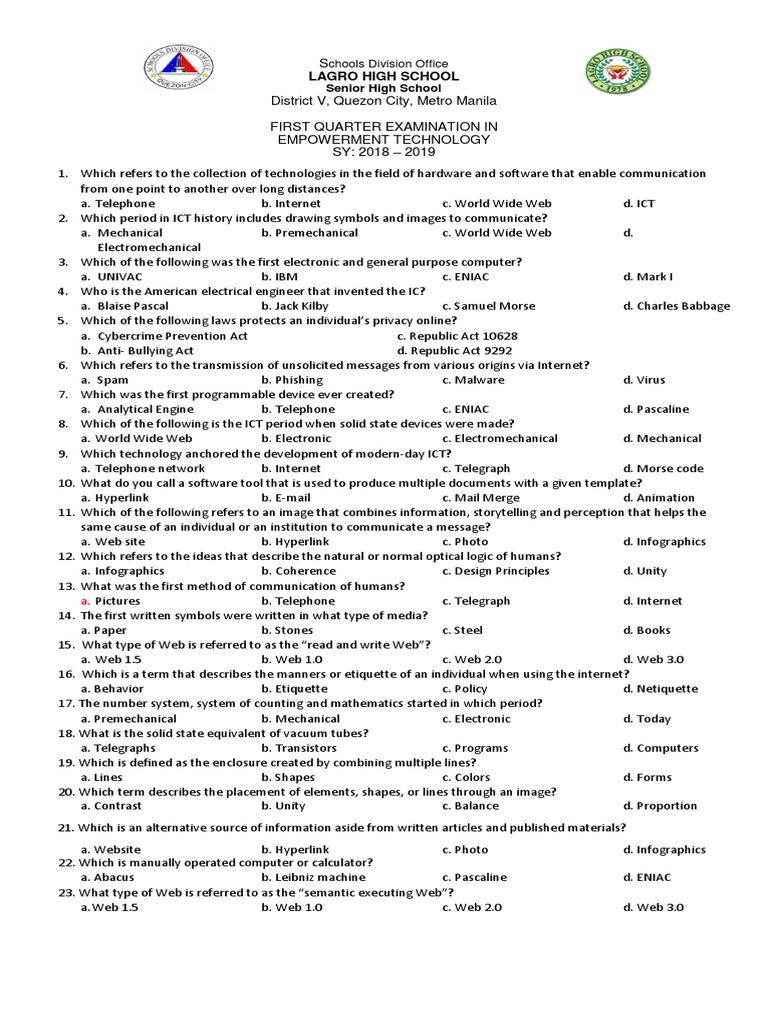 Emtech First Quarter Exam | PDF | Internet | Spamming