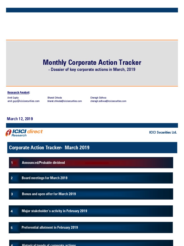 Monthly Corporate Action Tracker: - Dossier of Key Corporate Actions in ...
