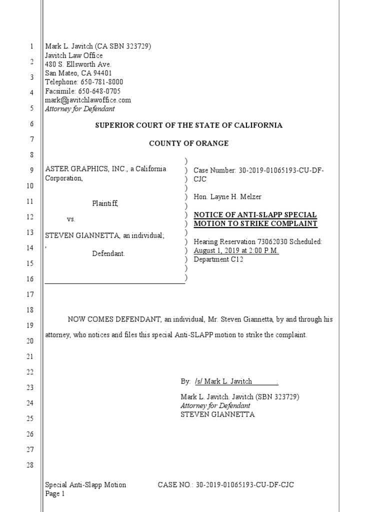 Anti-SLAPP Motion Filed Against Aster Graphics For Violating The Free ...