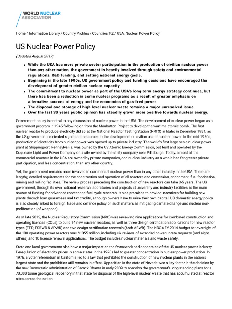 US Nuclear Power Policy - Nuclear Energy Policy USA - World Nuclear ...