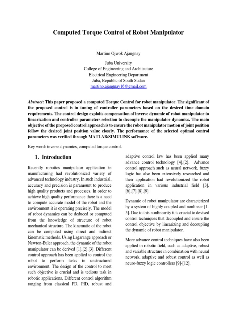 Computed Torque Control of Robot Manipulator PDF - Version | PDF | Control Theory | Kinematics