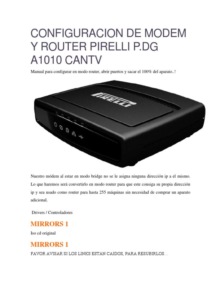 Configuracion de Modem y Router Pirelli | PDF | Dirección IP | Módem