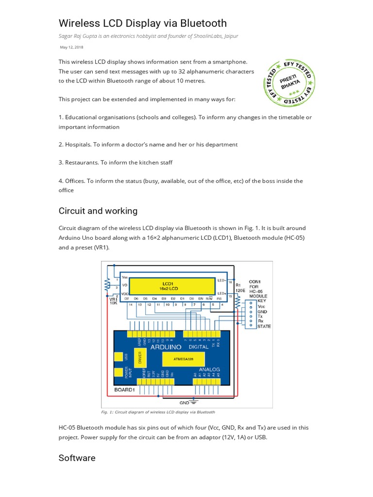 Wireless LCD Display Via Bluetooth - Full Electronics Project PDF | PDF | Arduino | Bluetooth
