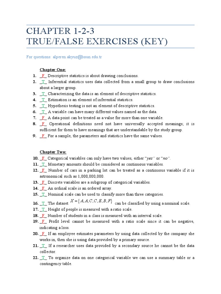 Chapter 1-3 True-False Exercises (KEY) | Download Free PDF | Statistics ...
