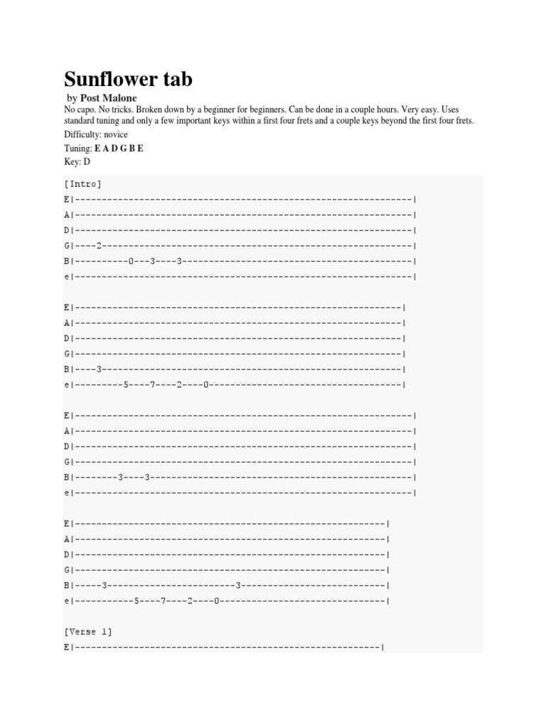 Sunflower Guitar Tab for Beginners | PDF | String Instruments | Songs