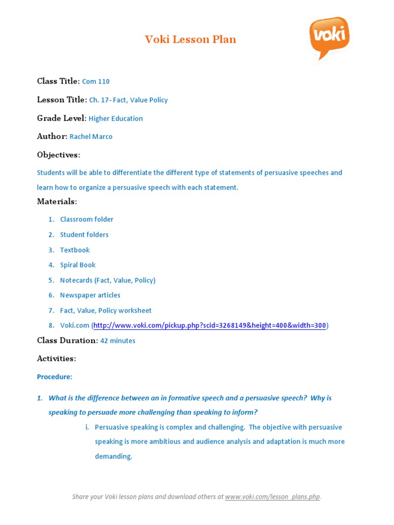 Voki Lesson Plan: Class Title: Lesson Title: Grade Level: Author: Objectives | PDF | Persuasion ...