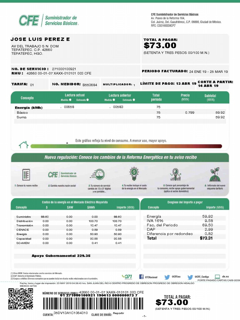 Recibo Cfe | Electricidad | Energia electrica