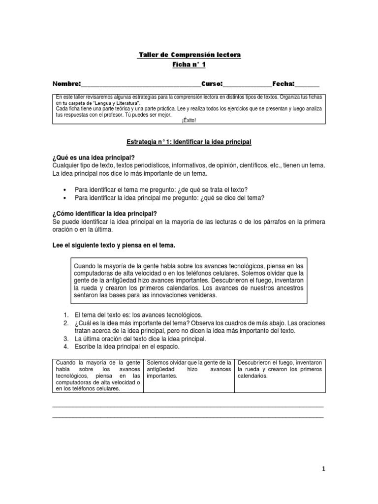 Ficha 1. Identificar Idea Principal | PDF | Comprensión lectora ...