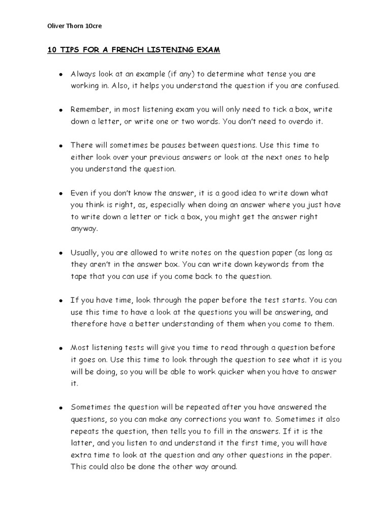 10 Tips For A French Listening Exam | PDF | Language Arts & Discipline