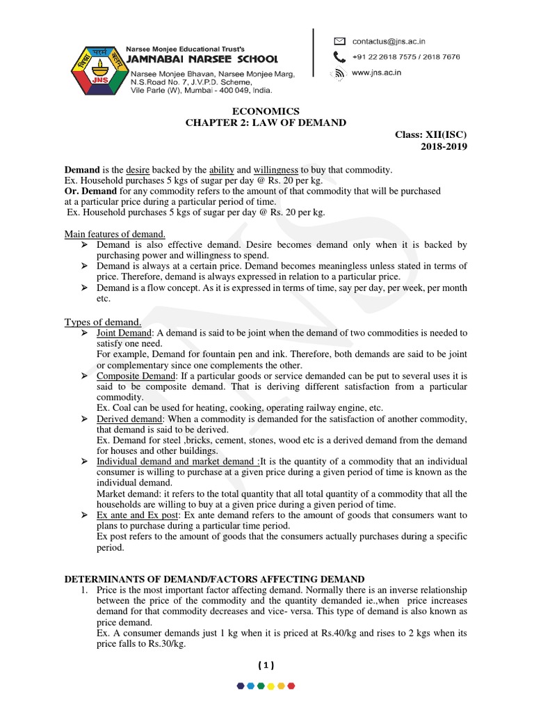 Economics Chapter 2: Law of Demand Class: XII (ISC) 2018-2019 | PDF ...