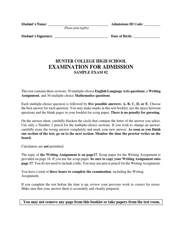 Hunter High School Sample Test 2 | PDF | Multiple Choice | Fraction ...