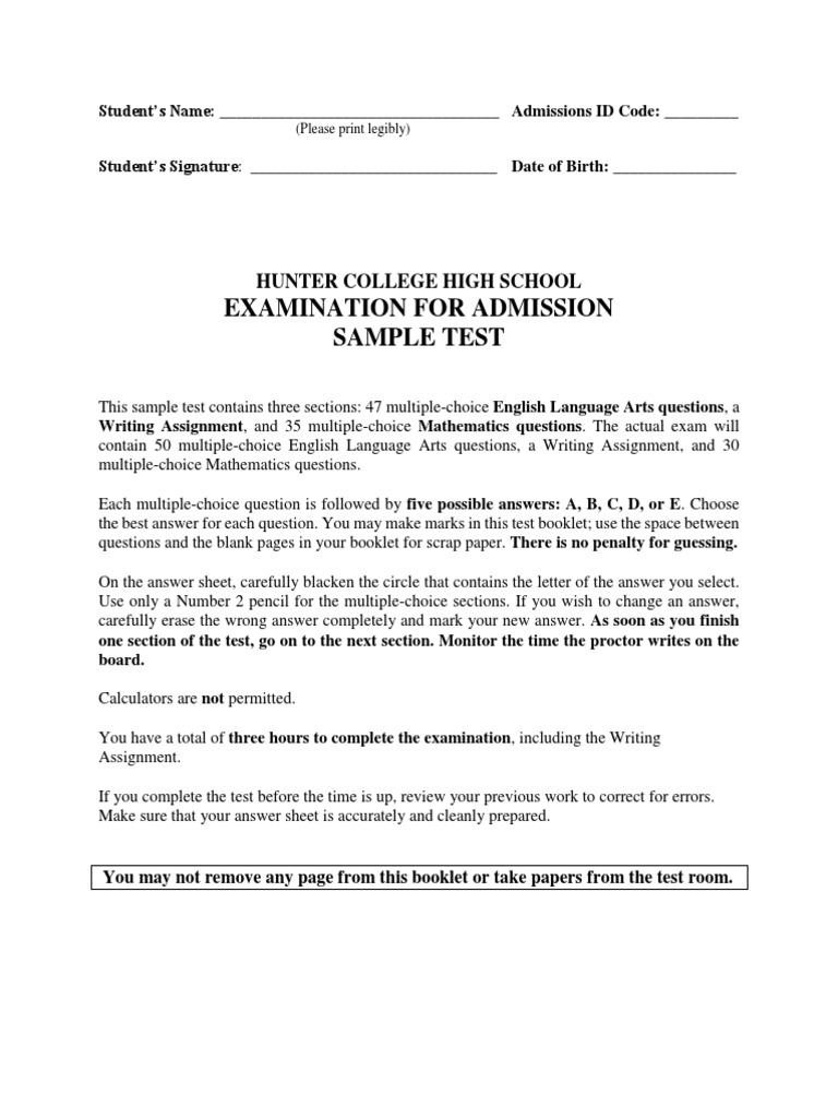 Hunter High School Sample Exam 1 | PDF | Multiple Choice | Test ...