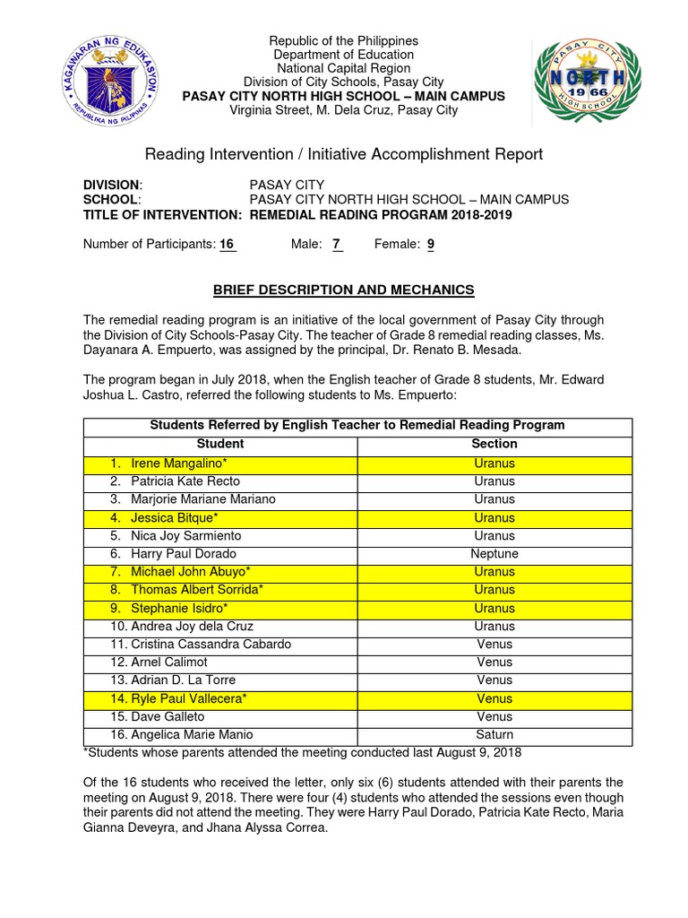 Grade 8 Remedial Reading Report | PDF