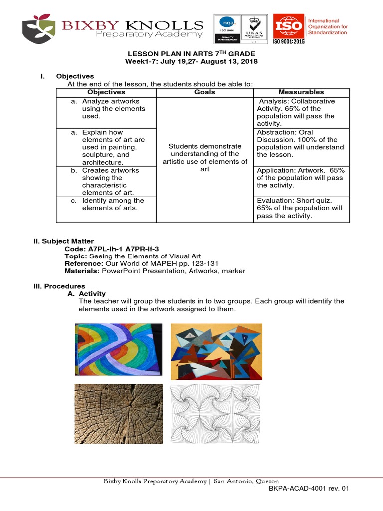 Lesson Plan in Arts 7 Grade Week1-7: July 19,27-August 13, 2018 I ...