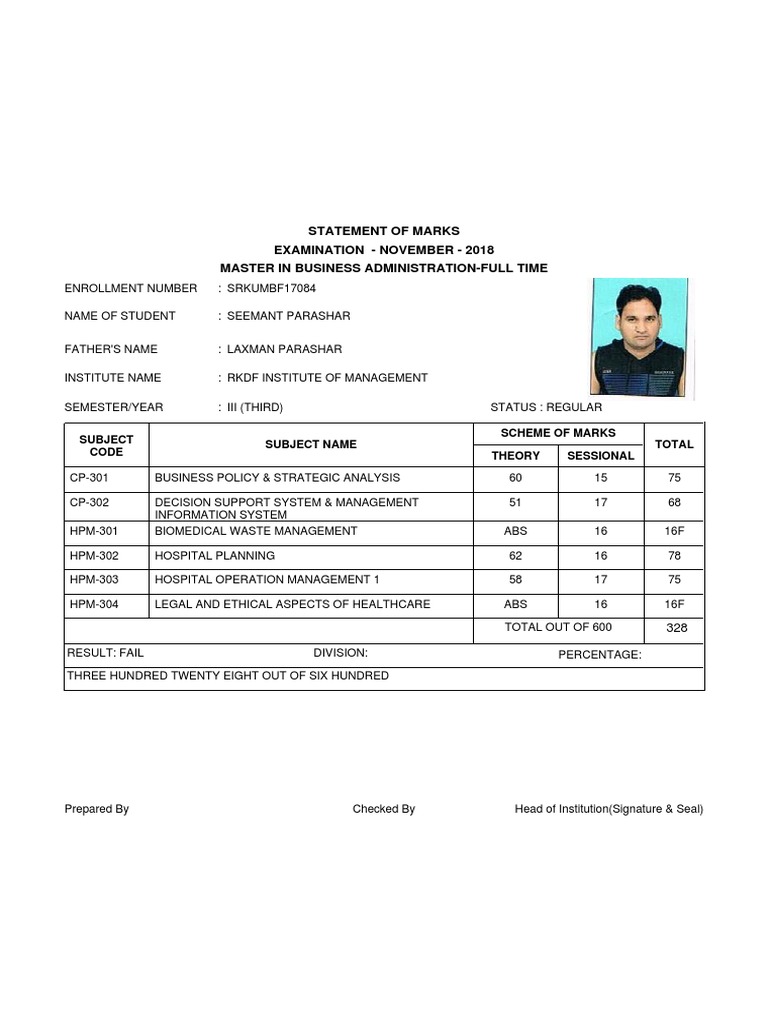 MBA November 2018 Marksheet Format | PDF