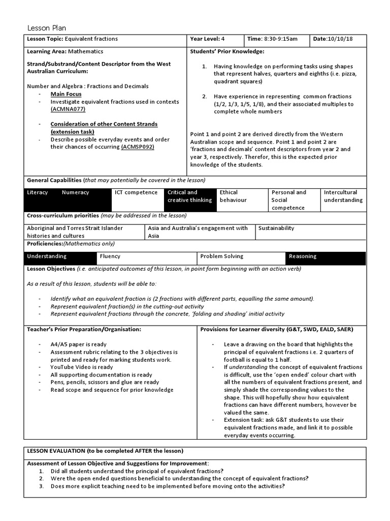 Lesson Plan: Literacy Numeracy Critical and Creative Thinking | PDF ...