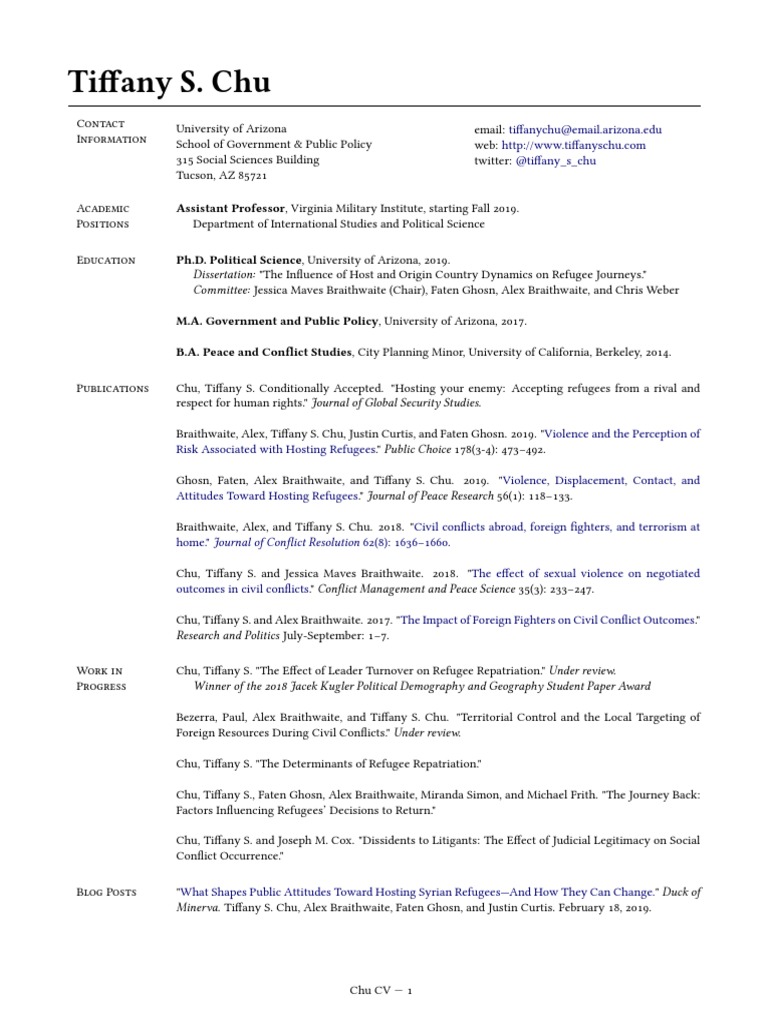Chu CV: June 2019 | PDF | Refugee | Violence