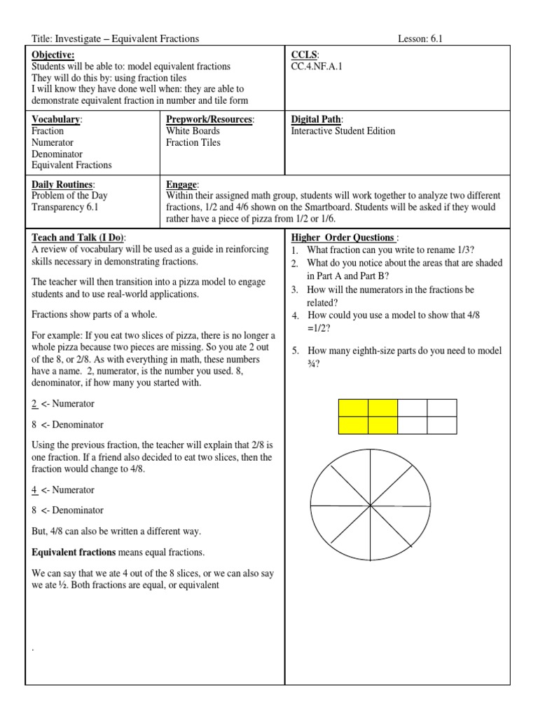 Investigate - Equivalent Fractions: Objective: Ccls | PDF | Fraction (Mathematics) | Educational ...