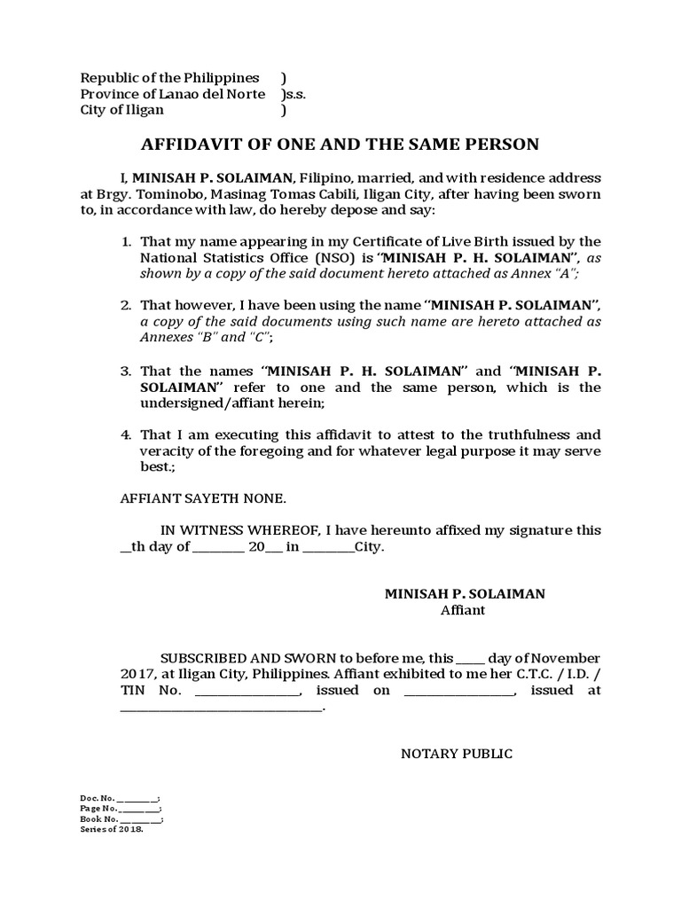 Affidavit of One and The Same Person | PDF