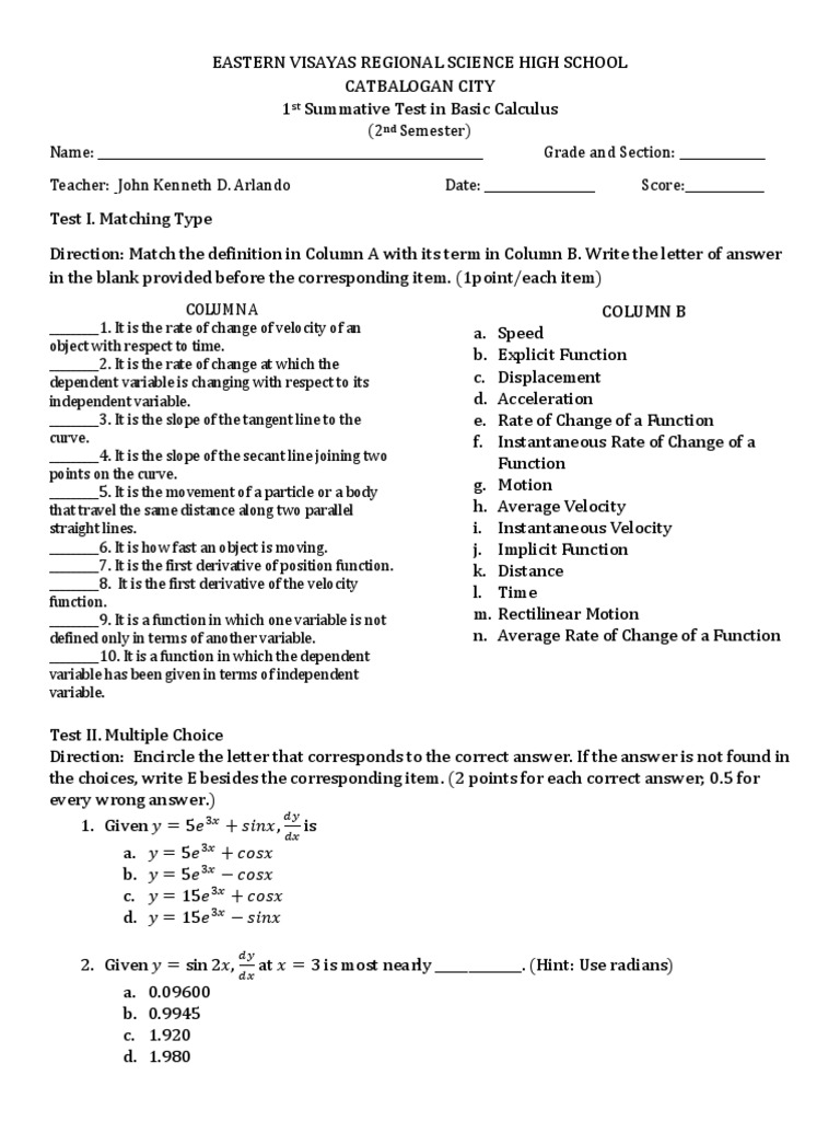 Summative Test in Basic Calculus | PDF | Derivative | Fahrenheit