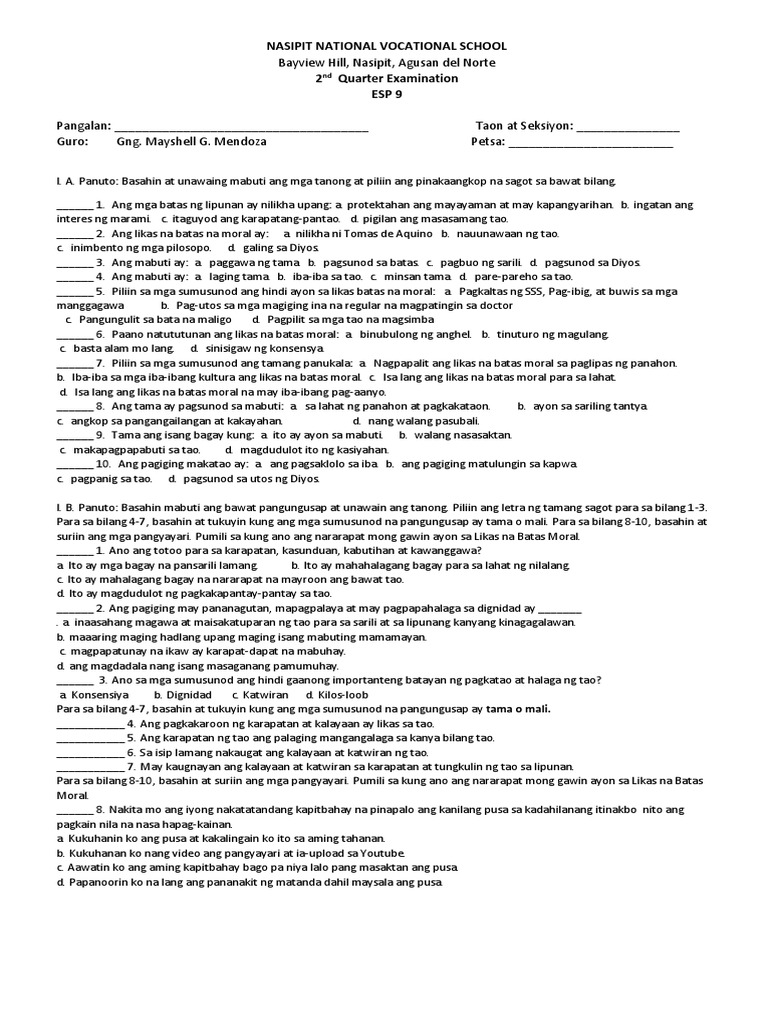 ESP 9 2nd Quarter Examination 2016-2017