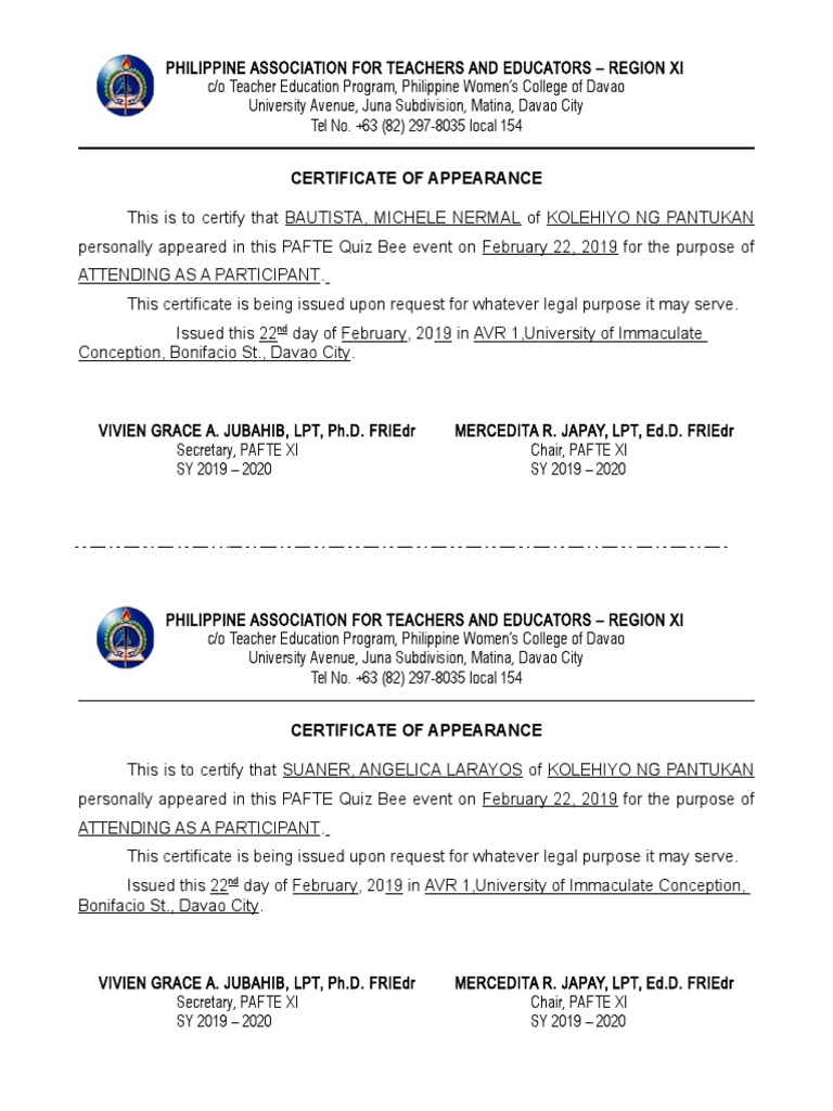 PAFTE Quiz Bee Participation Certificates | PDF