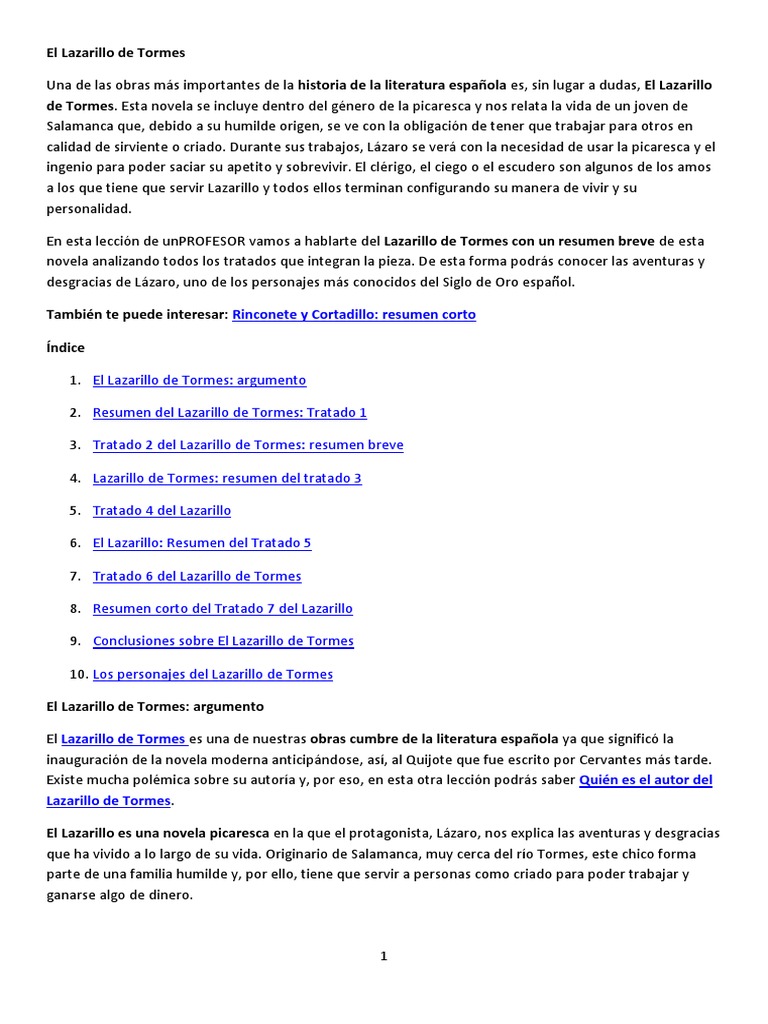 El Lazarillo de Tormes Resumen | PDF | Novelas