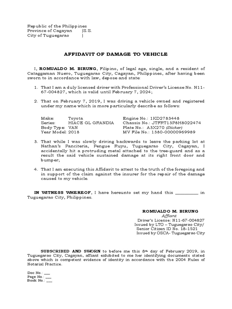 Affidavit of Vehicle Damage