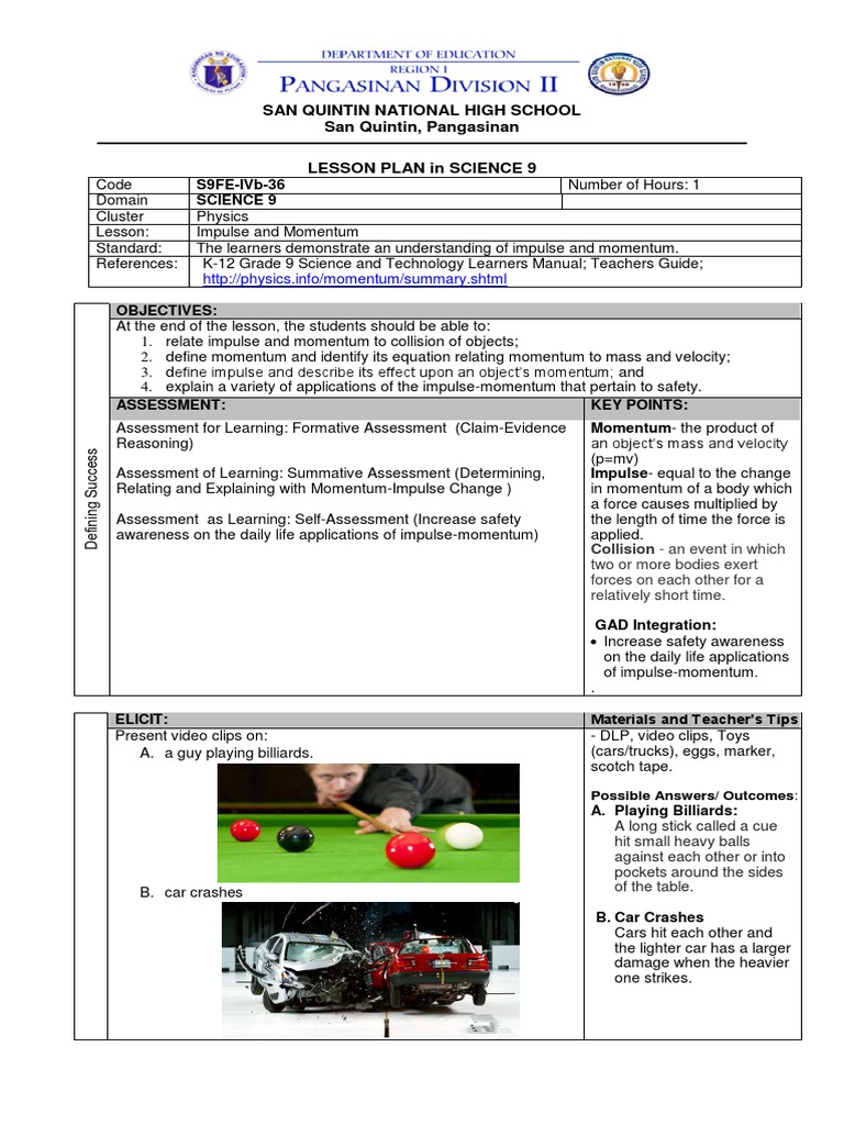 7 E Lesson Plan Impulse and Momentum | PDF | Momentum | Collision