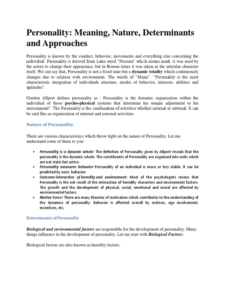Personality: Meaning, Nature, Determinants and Approaches | PDF ...