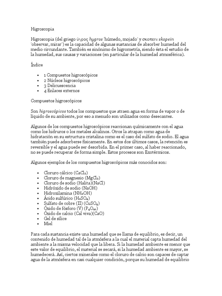 Higroscopia: absorción de humedad | PDF | Química | Materiales