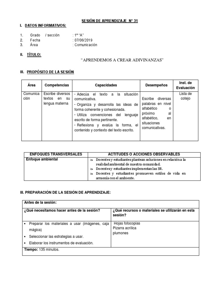 SESIÓN DE APRENDIZAJE #31 Leemos y Creamos Adivinanzas | PDF | Maestros | Aprendizaje